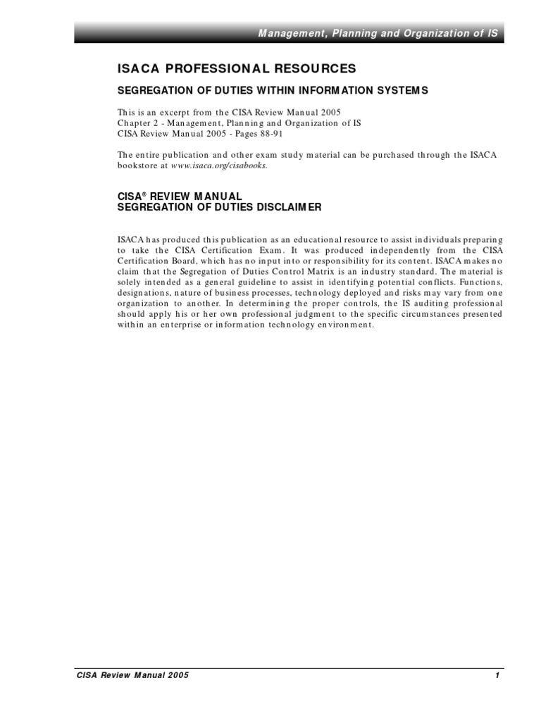 CISA Segregation of Duties | PDF | Access Control | Risk