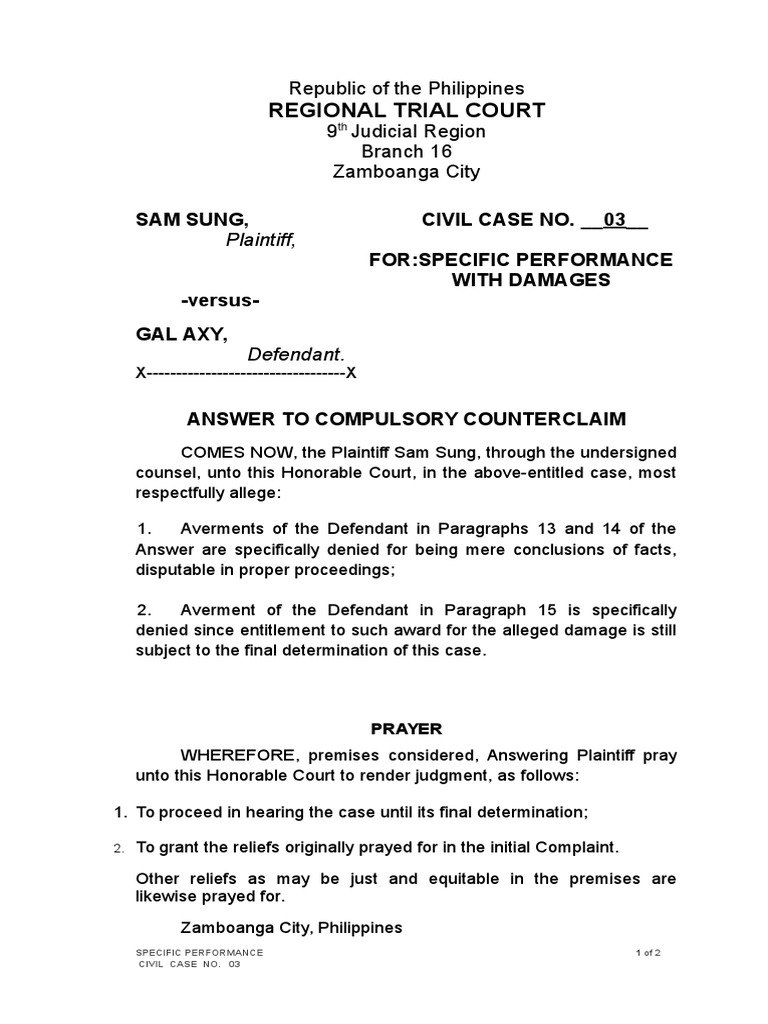 Anwer to Compulsory Counterclaim(SP) | Lawsuit | Politics