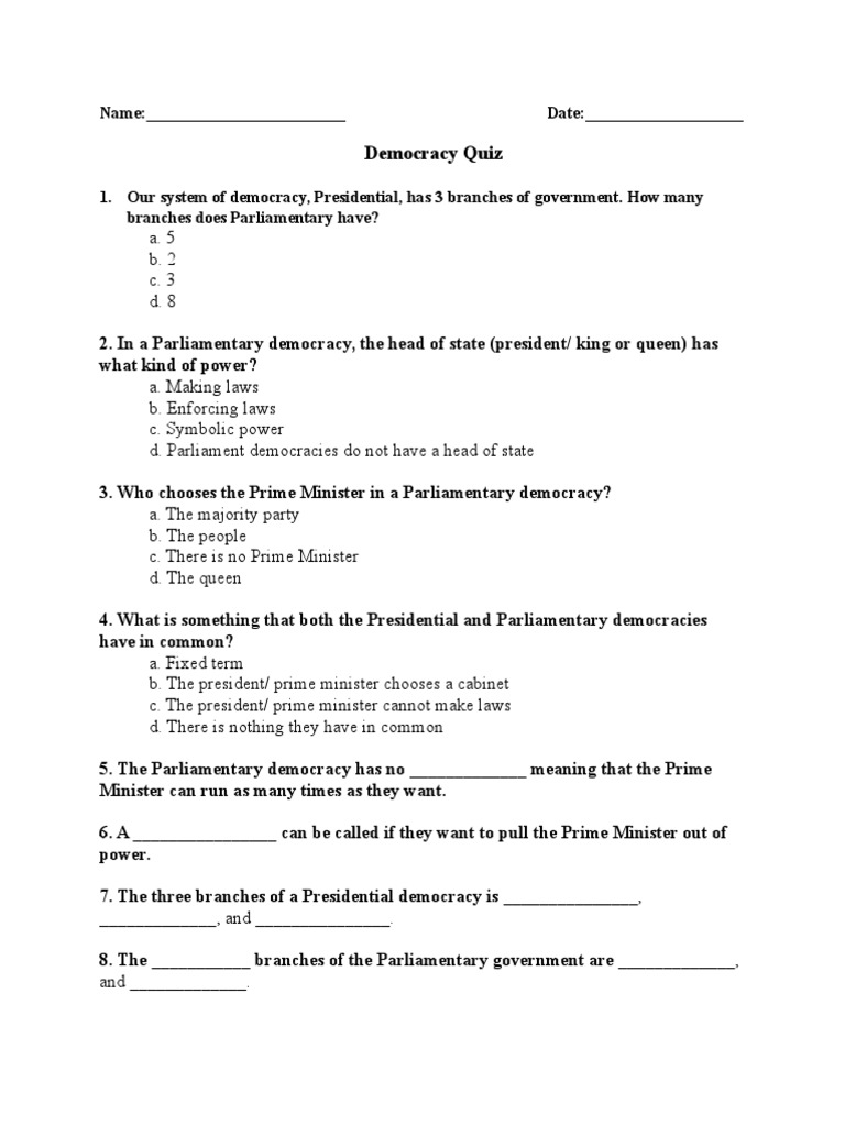 Parliamentary Democracy Quiz | PDF | Politics | Law