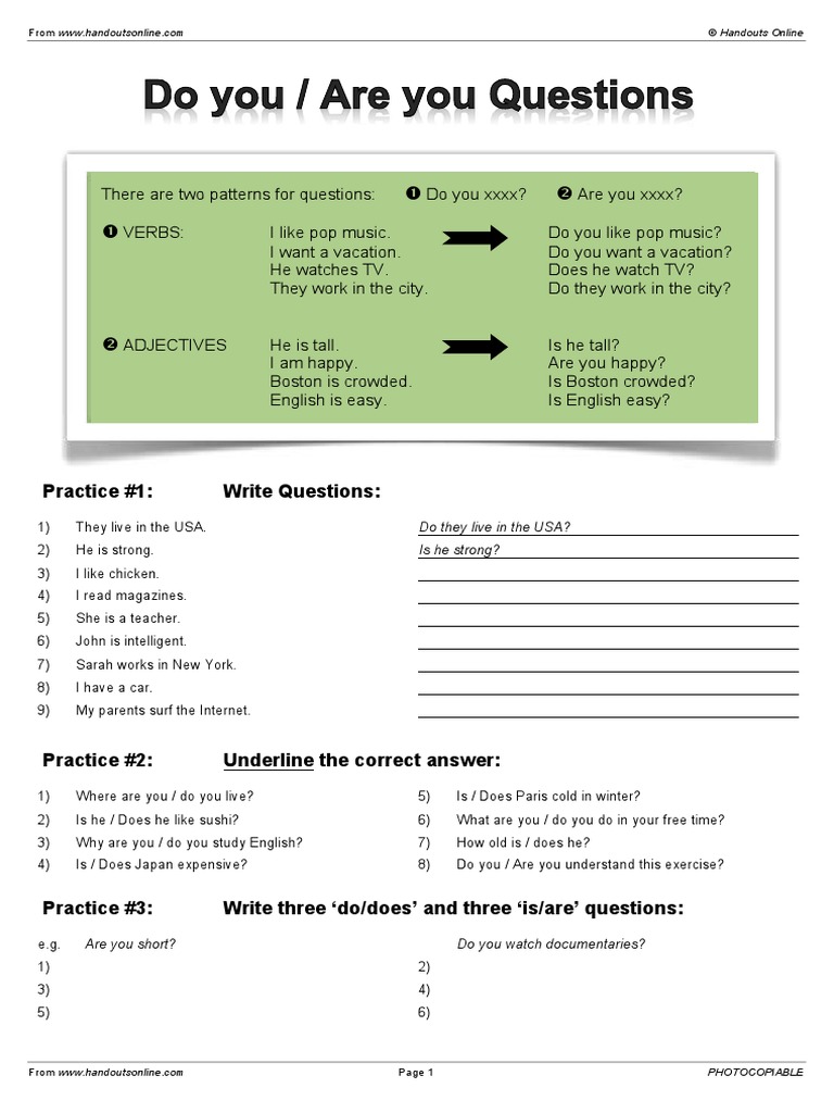 Practice #1: Write Questions:: Do They Live in The USA? Is He Strong? | PDF