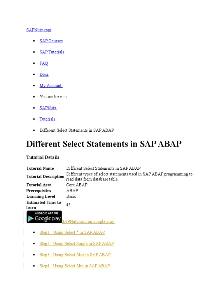Select Statements In Sap Abap Table Database Information Science 7588