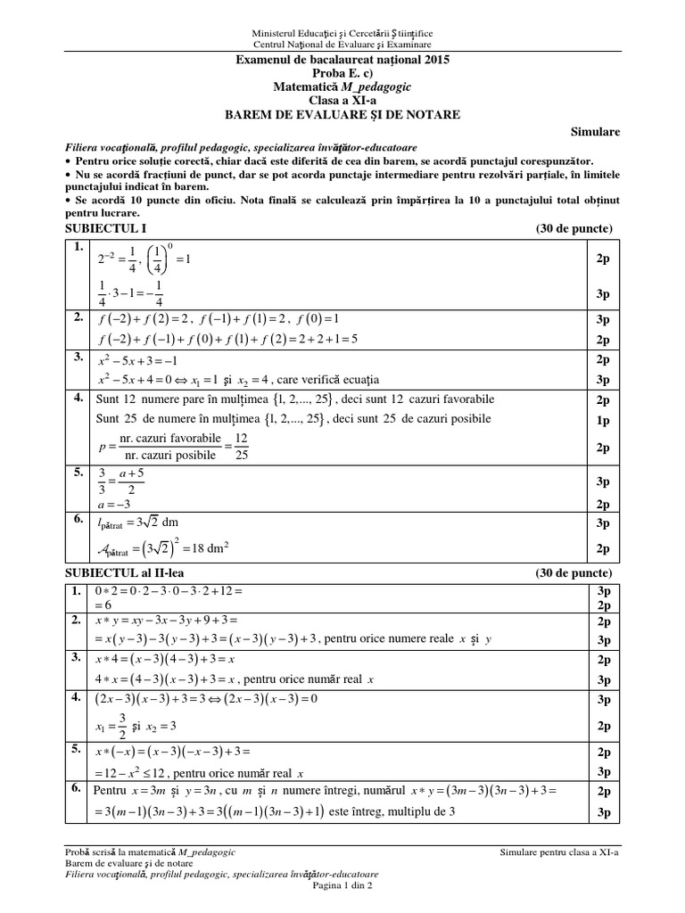 Simulare Matematica Pedagogic 2015 Clasa A XII-a Barem de Corectare | PDF