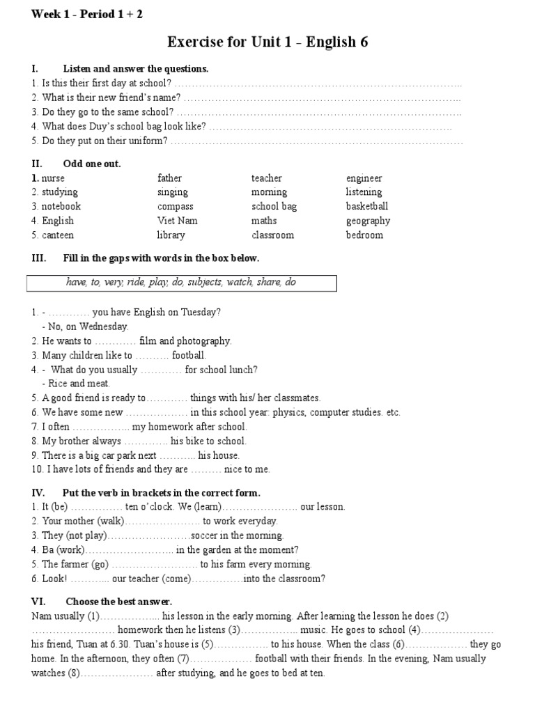 Exercise For Unit 1 - English 6: I. Listen and Answer The Questions ...