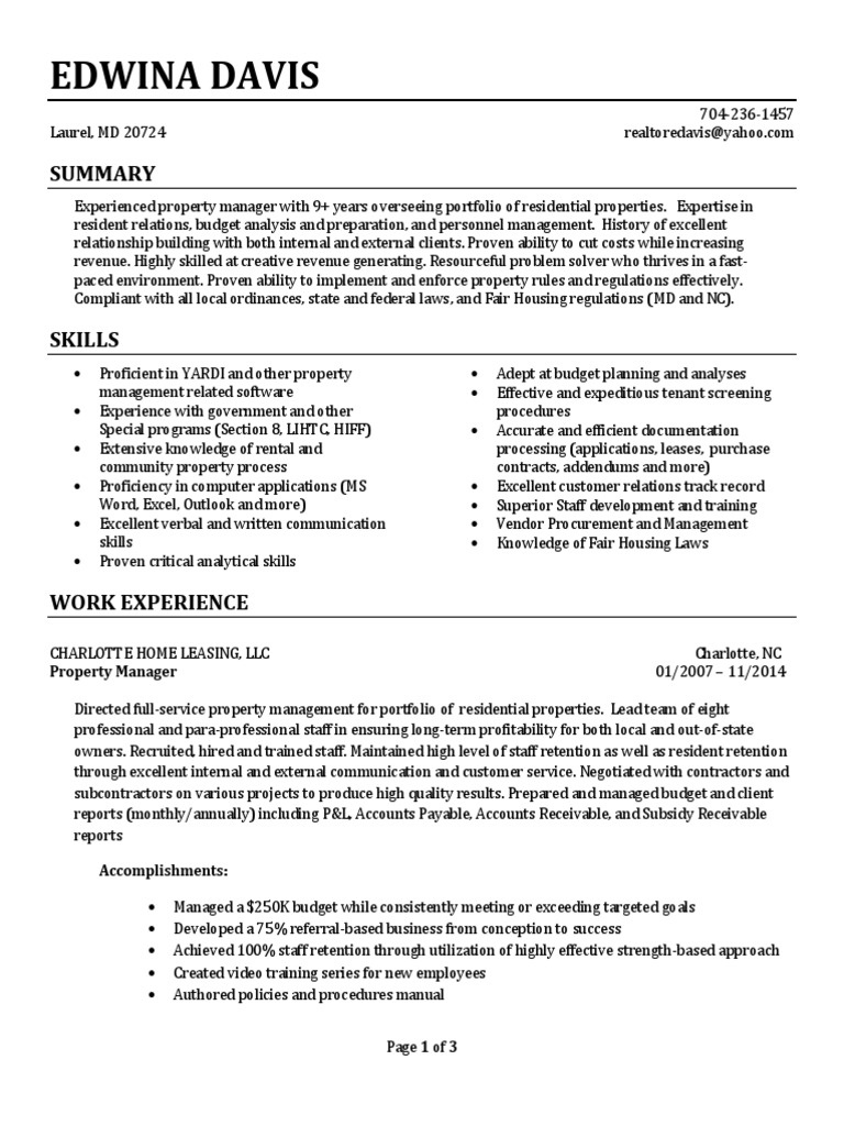 Residential Property Manager in Washington DC Resume Edwina Davis | PDF ...