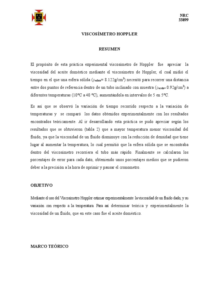 Viscosidad del Aceite con Hoppler | PDF | Líquidos | Viscosidad