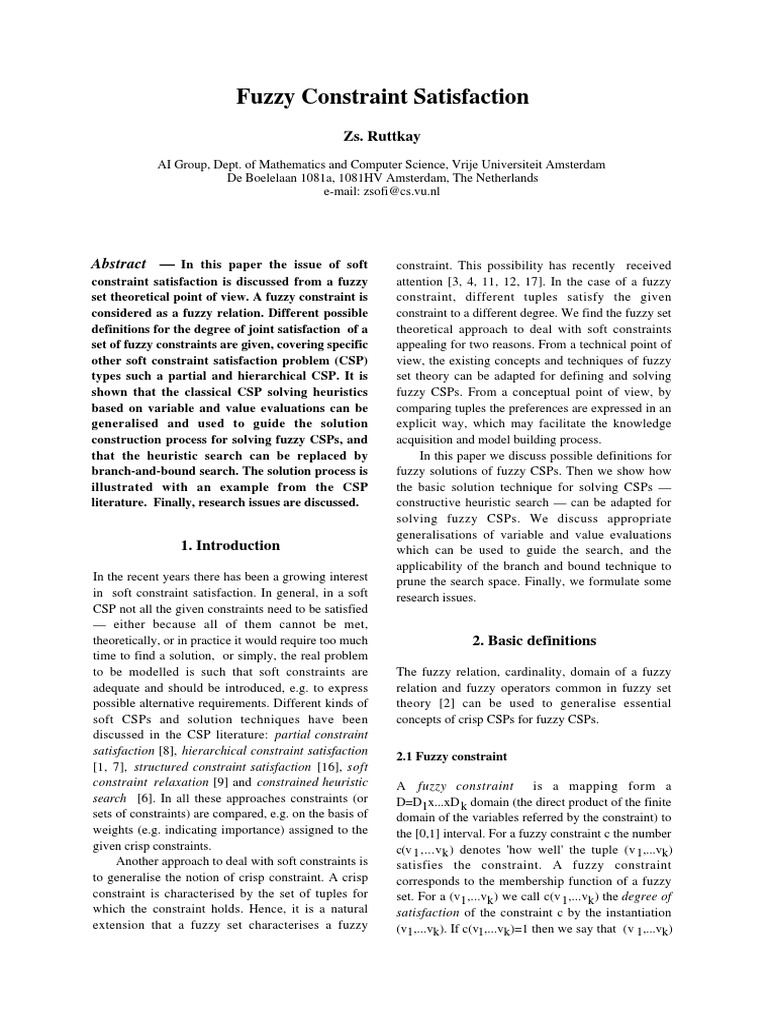 Fuzzy Constraint Satisfaction: Zs. Ruttkay | PDF | Fuzzy Logic | Areas Of Computer Science