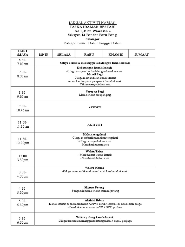 Contoh Jadual Aktiviti Harian Minggu Kedua | PDF