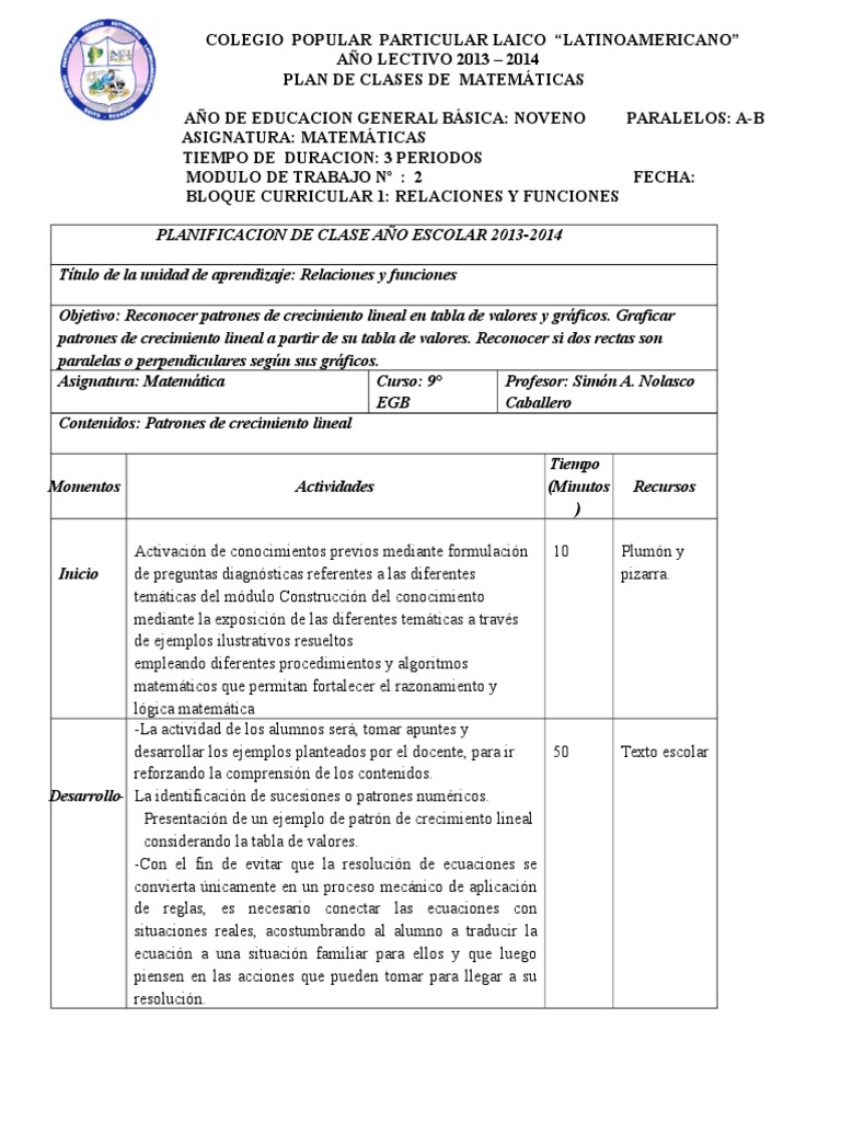 %Plan de Clases Matematicas 9 Egb | Ecuaciones | Física y matemáticas