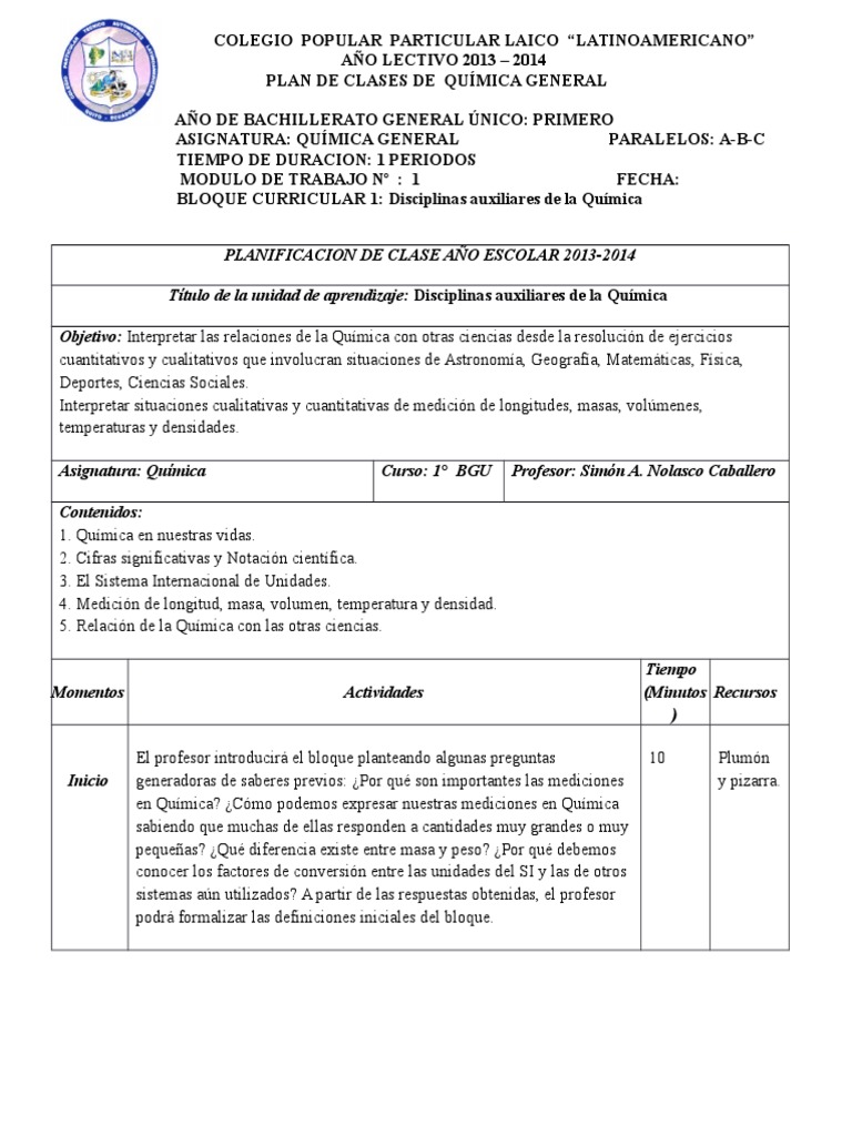 Plan De Clases Quimica General 1 Bgu Pdf Unidades De Medida Science