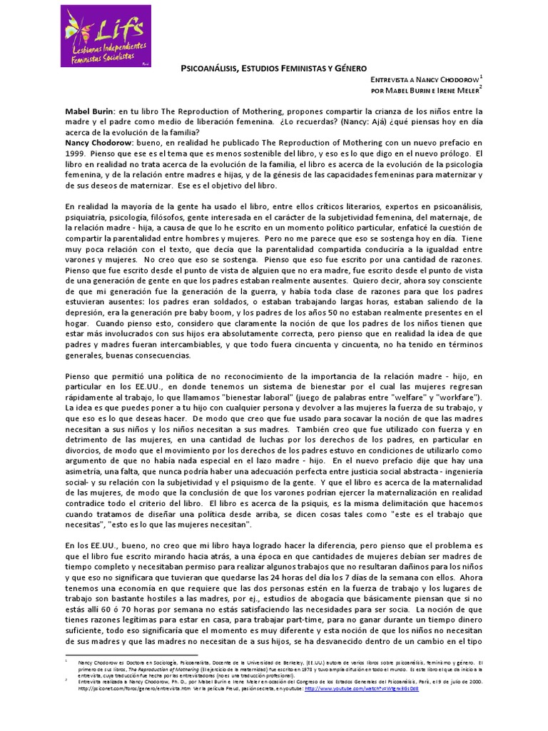 Entrevista A Nancy Chodorow Psicoanálisis Feminismo Género | PDF ...