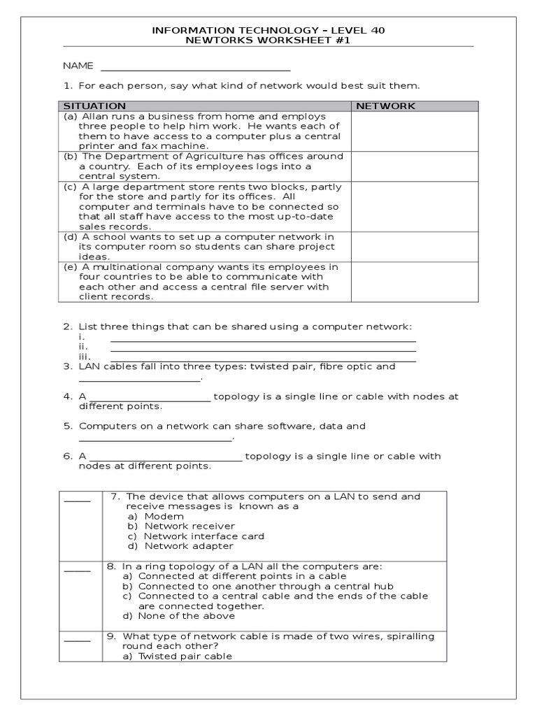 Networks Worksheet | PDF