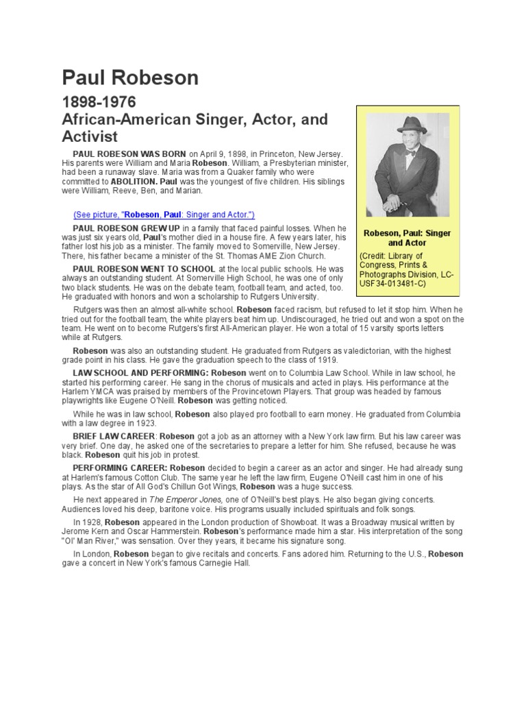 Paul Robeson: 1898-1976 African-American Singer, Actor, and Activist ...