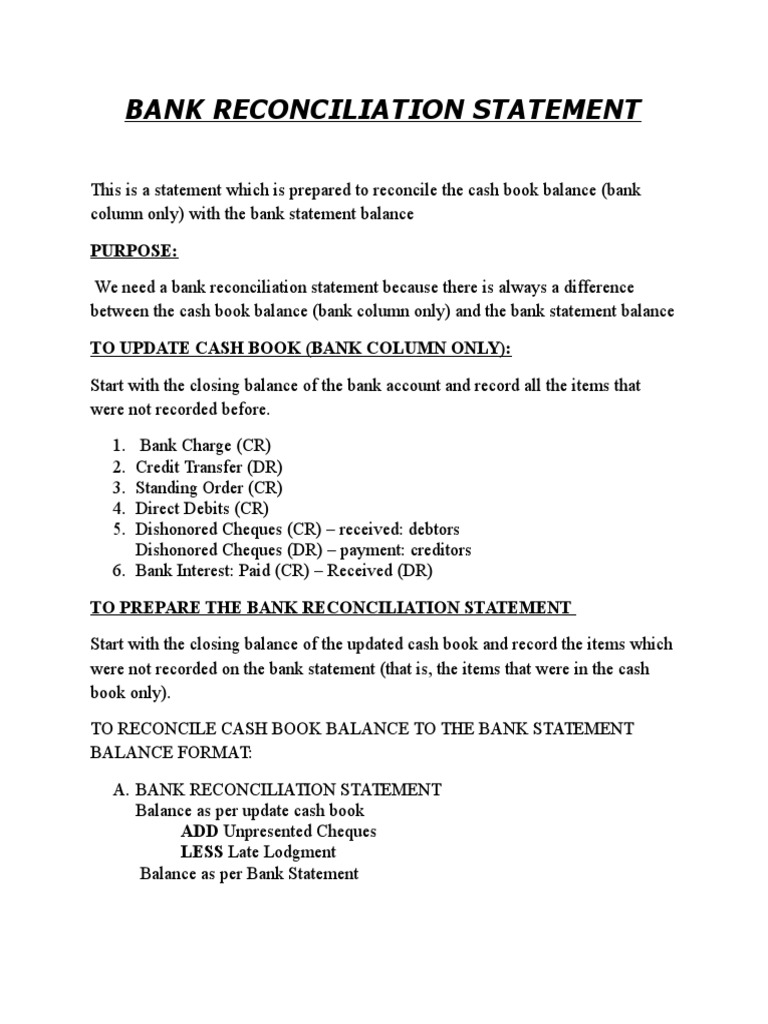 Bank Reconciliation Statement | PDF | Debits And Credits | Cheque