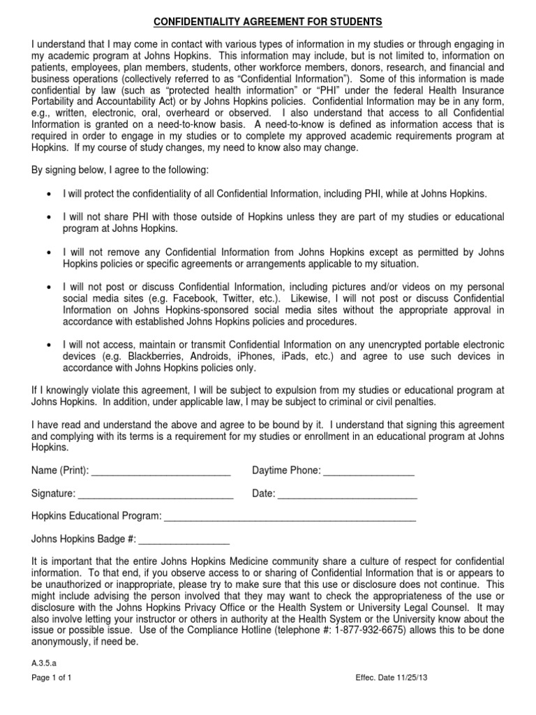 Confidentiality Agreement For Students: A.3.5.a Page 1 of 1 Effec. Date ...
