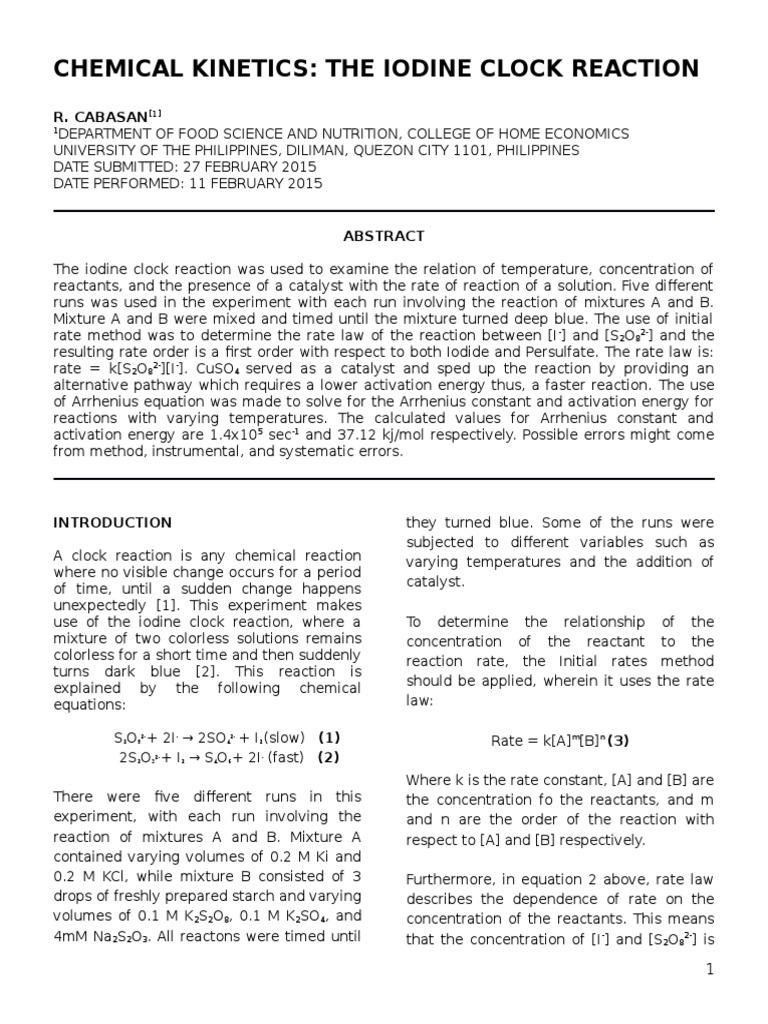 Iodine Clock Reaction Kinetics Study | PDF | Reaction Rate | Activation ...