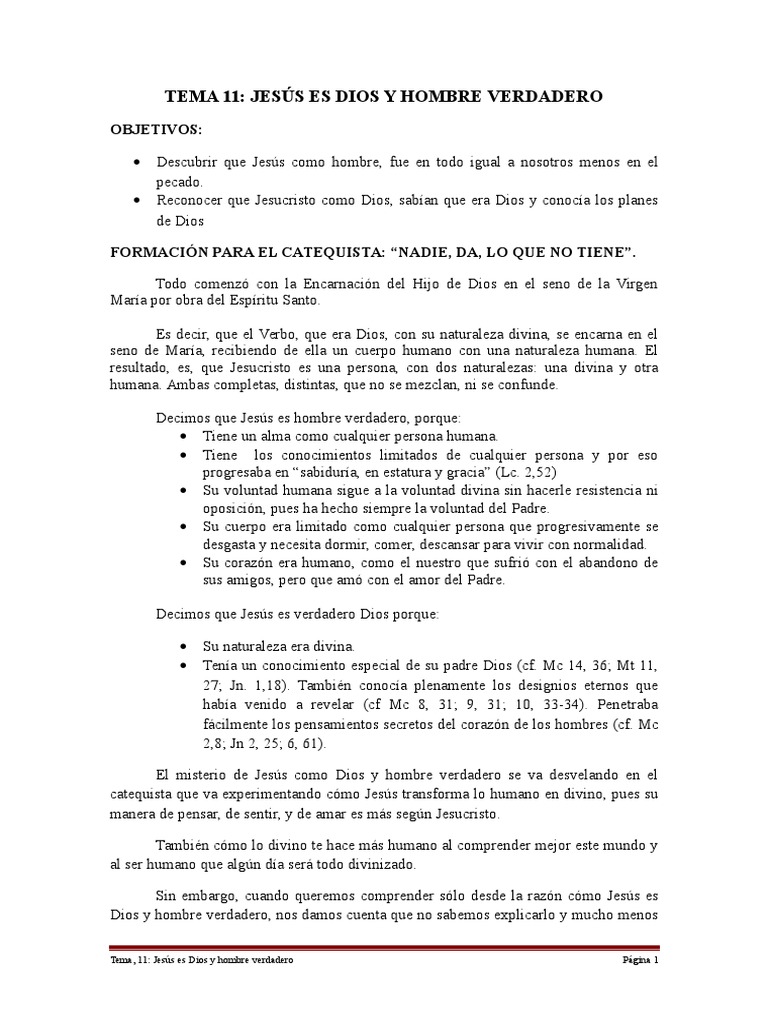Tema 11, Jesús Es Dios y Hombre Verdadero | PDF | María, madre de Jesús | Jesús