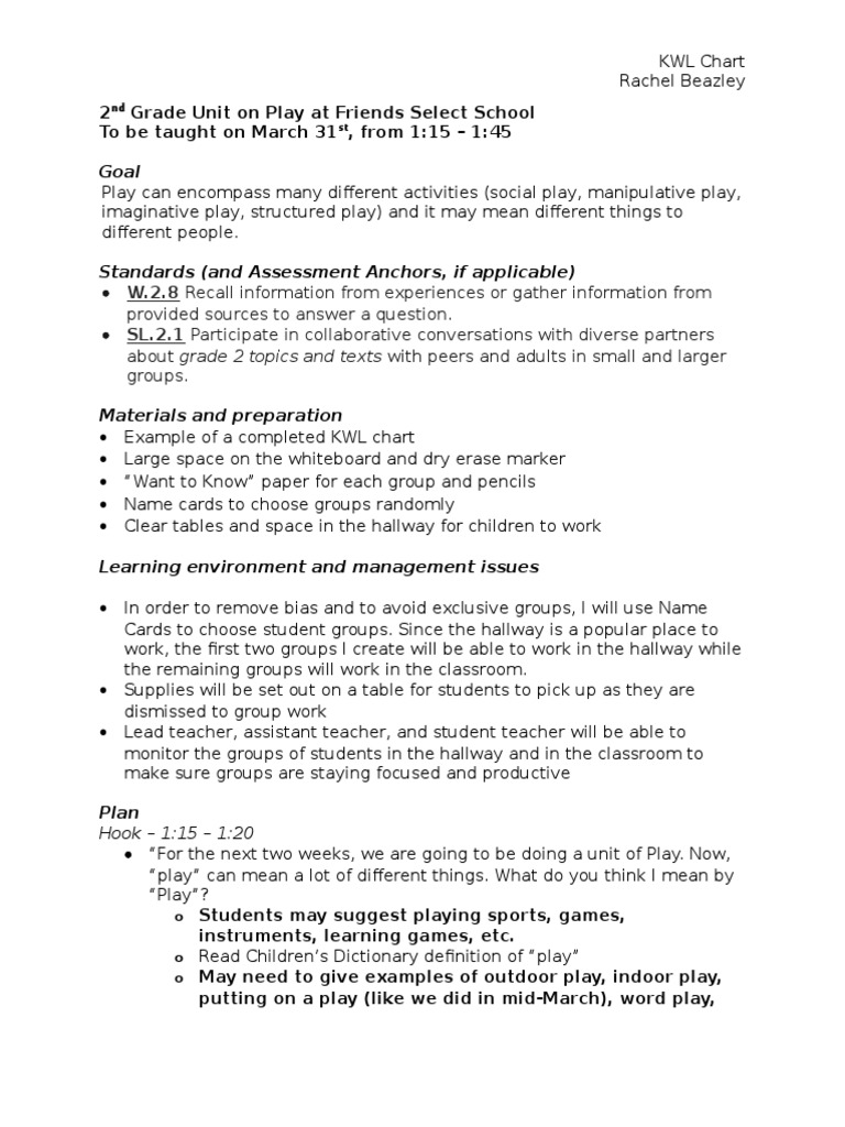 KWL Chart Lesson Plan - RBB | PDF | Classroom | Teachers