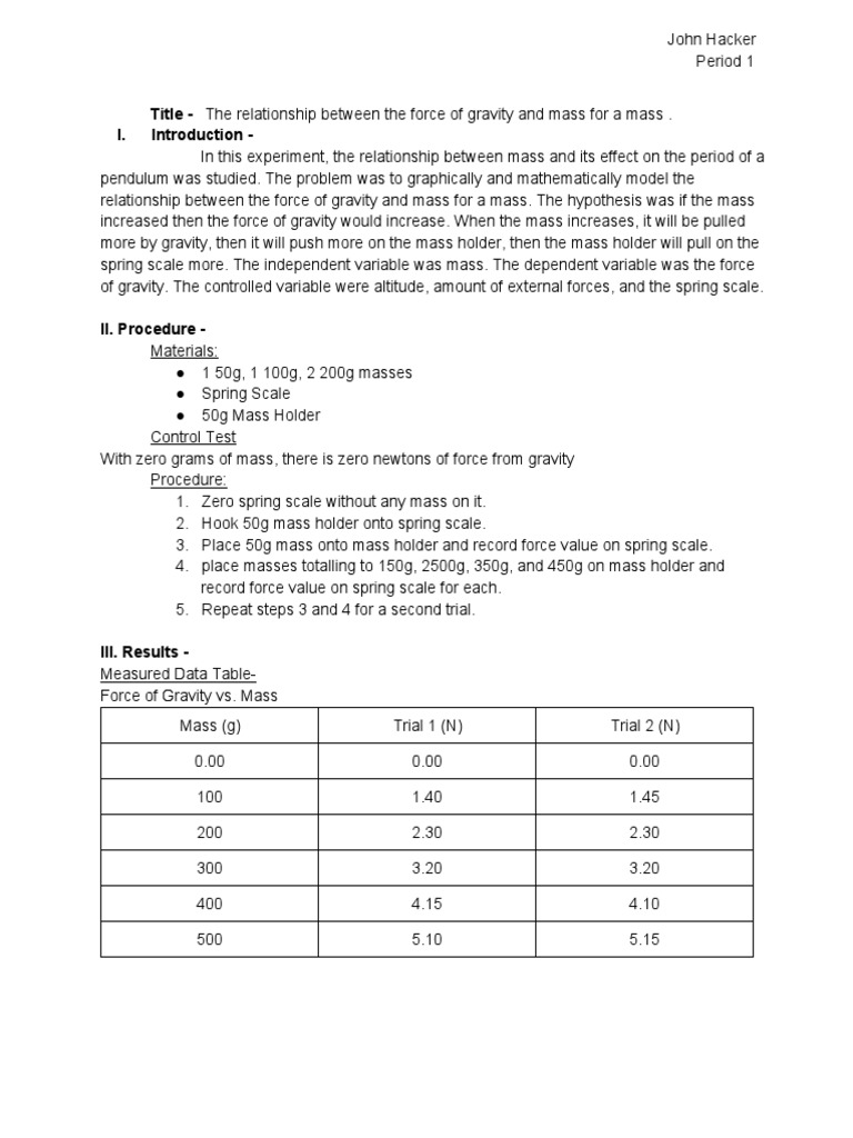 Force of Gravity Lab Formal | PDF | Mass | Experiment