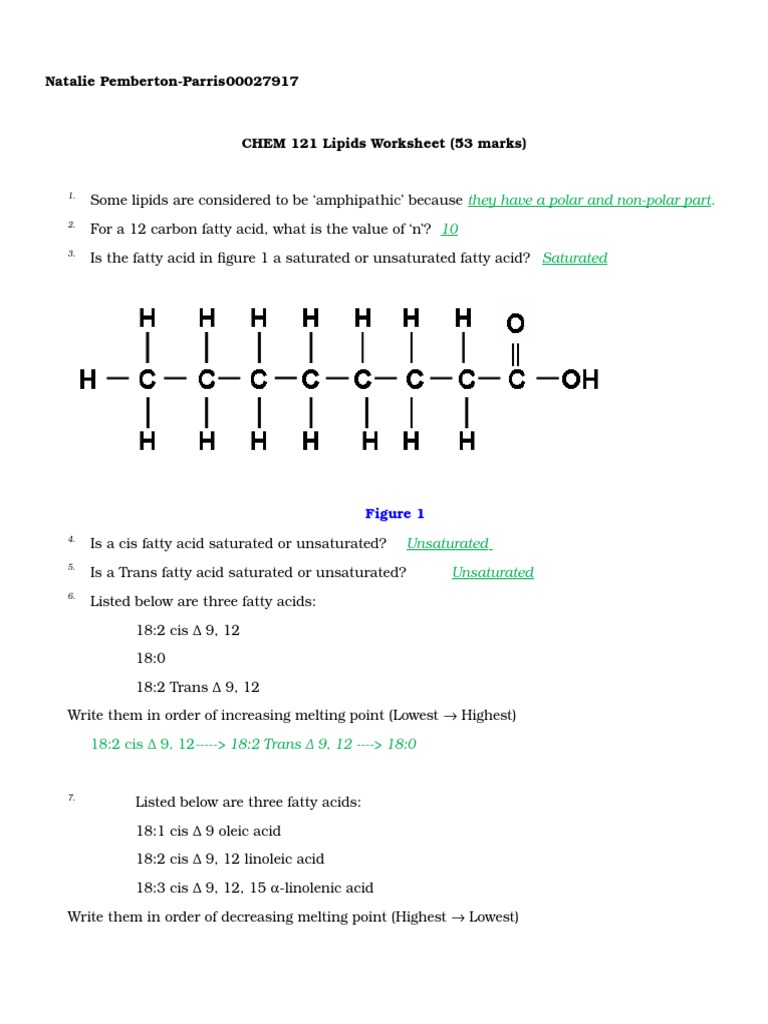 Lipids Worksheet | Lipoprotein | High Density Lipoprotein