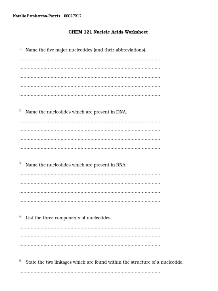 Nucleic Acids Worksheet | PDF | Molecular Genetics | Organic Acids