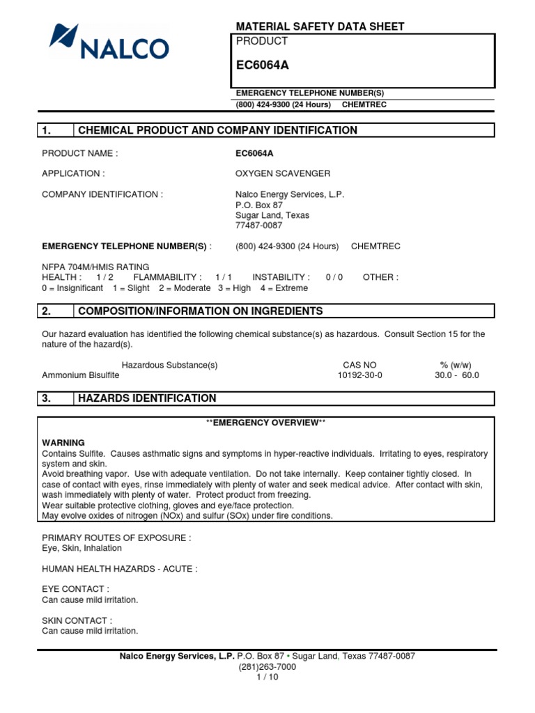 Oxygen Scavenger MSDS | Dangerous Goods | Chemistry