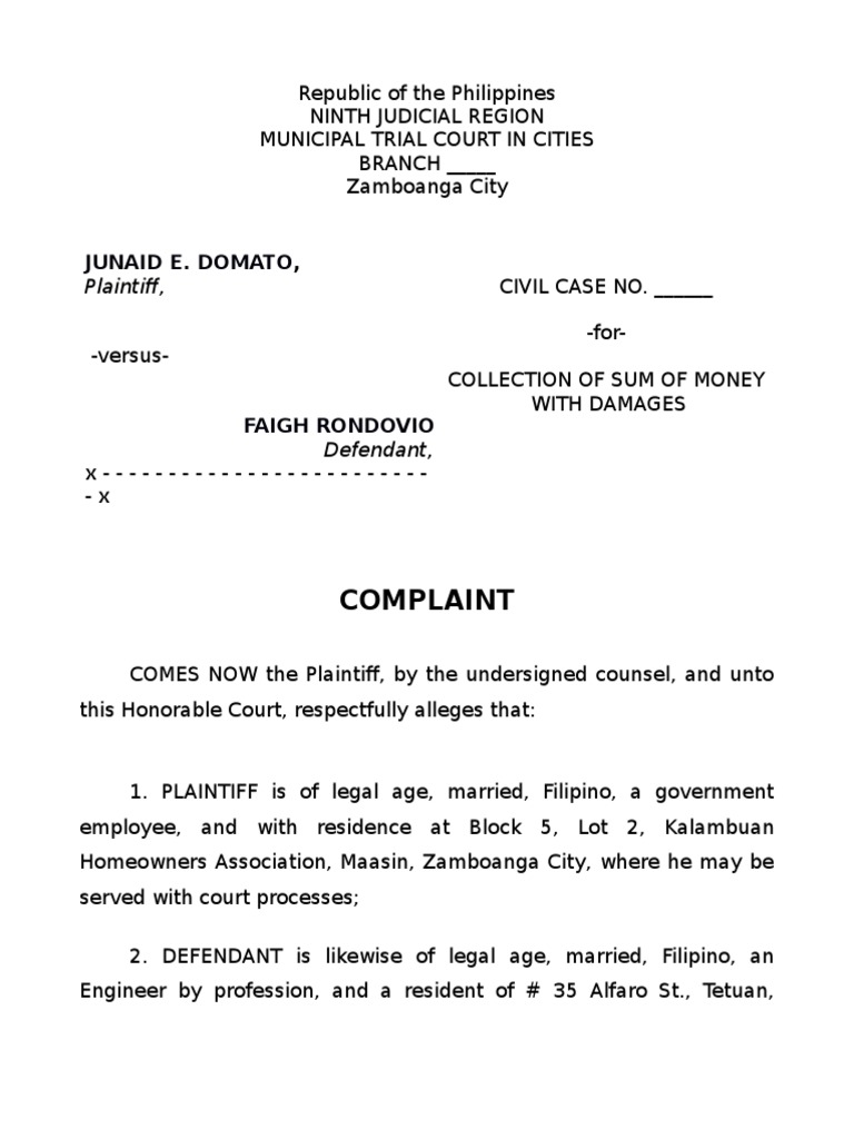 Complaint Re Collection of Sum of Money | Lawsuit | Complaint
