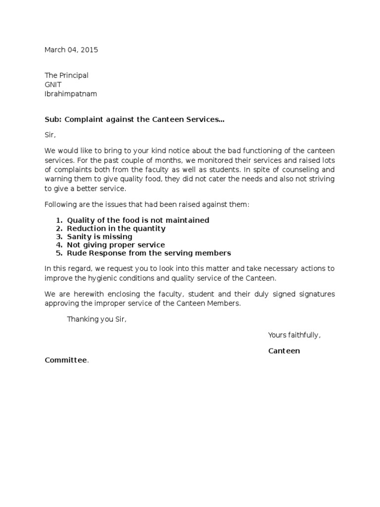 Canteen Services Complaint Letter | PDF