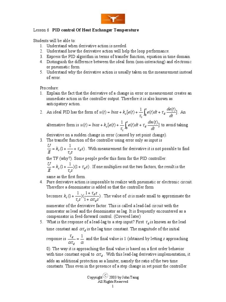 Lesson 6 PID Control of Heat Exchanger Temp PDF | PDF | Electronic ...