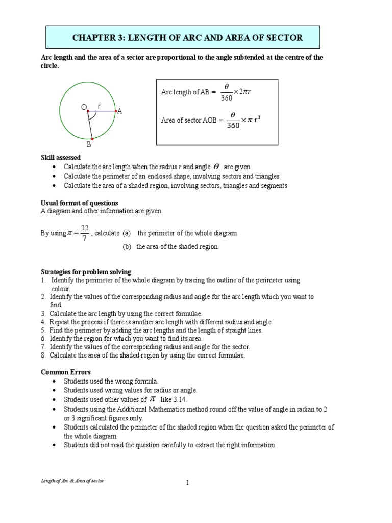 Arc Length and Sector Area Calculations | PDF | Angle | Area