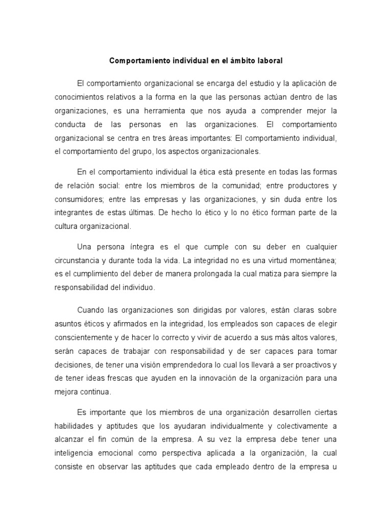 Comportamiento Individual en El Ámbito Laboral Ensayo | PDF | Estrés ...