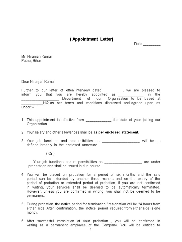 Appointment Letter Format | PDF | Employee Benefits | Employment