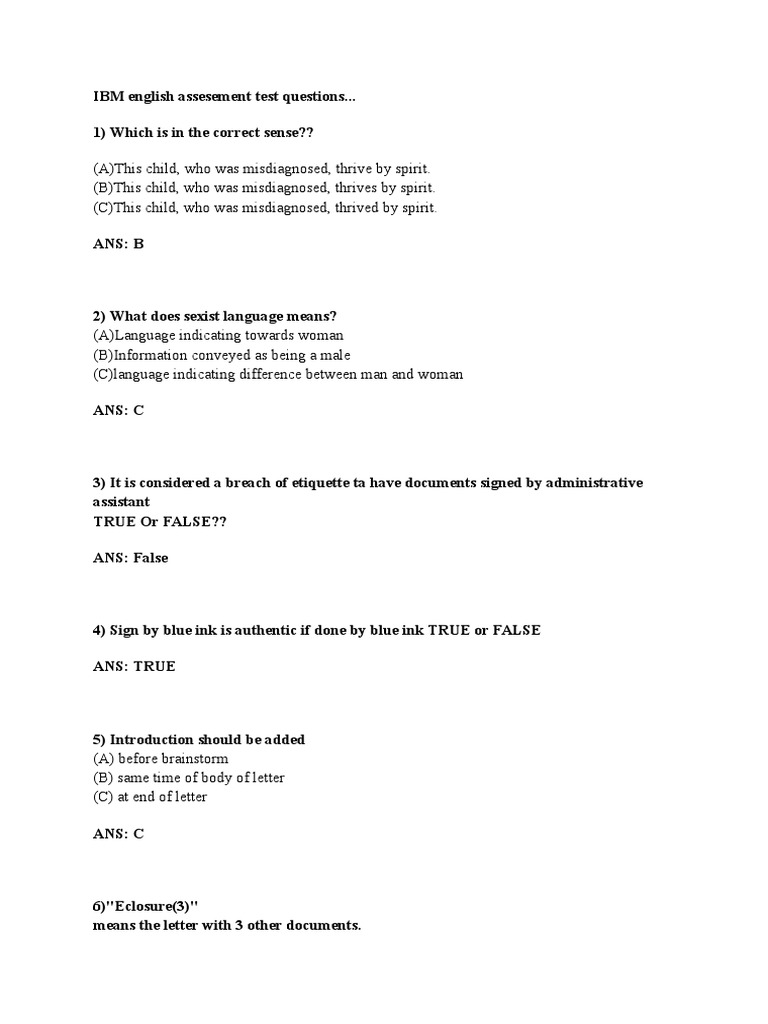 IBM English Assesement Test Questions With Answer | PDF