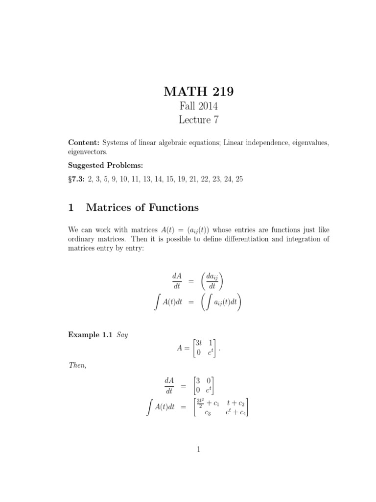 MATH219 Lecture 7 | PDF | Eigenvalues And Eigenvectors | System Of ...