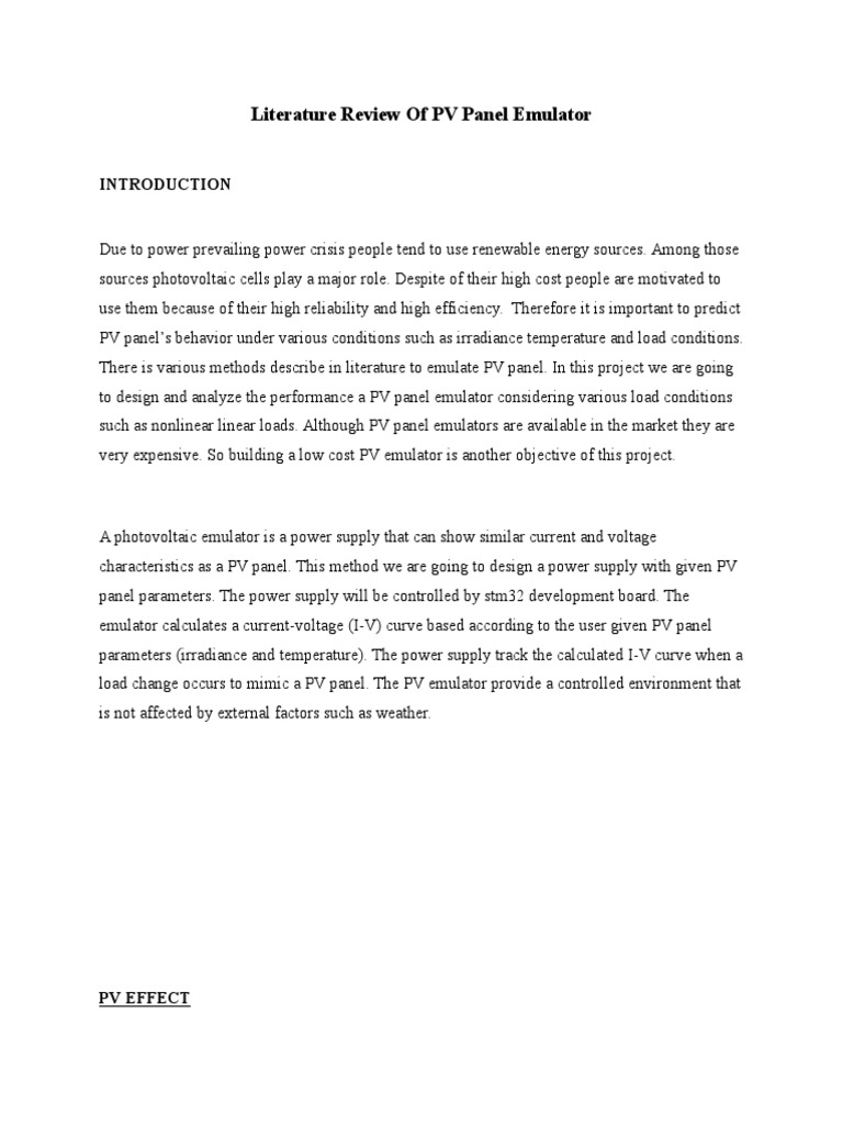 Literature Review of PV Panel Emulator | PDF | Photovoltaics | Power Supply