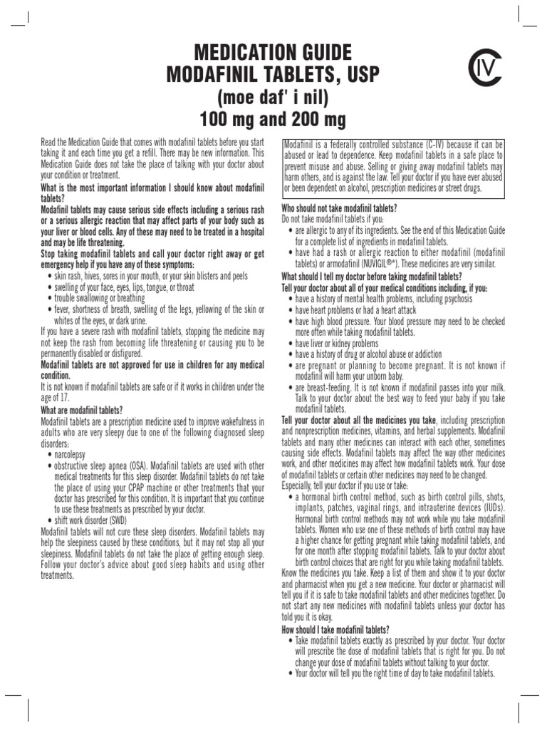 Medication Guide Modafinil Tablets, Usp: (Moe Daf 100 MG and 200 MG ...
