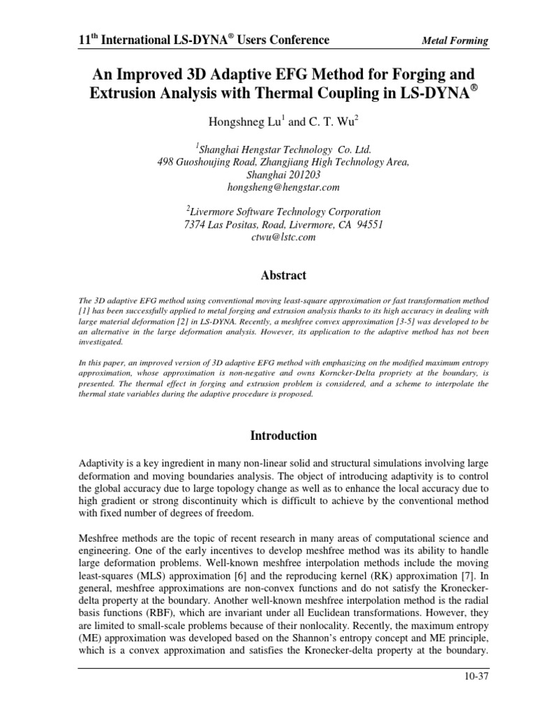 An Improved 3d Adaptive EFG Method For Forging and Extrusion Analysis With Thermal Coupling in ...
