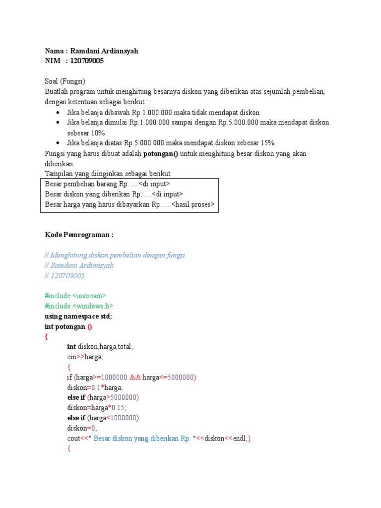 Program Diskon Dengan Fungsi C++ | PDF