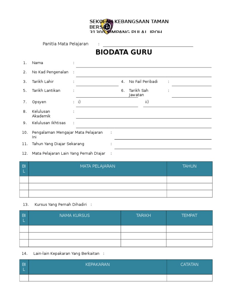 Borang Biodata Guru KSSR | PDF