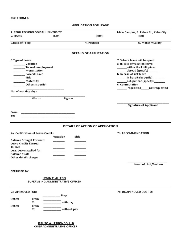 CSC Form 6 Leave Application Guide | PDF