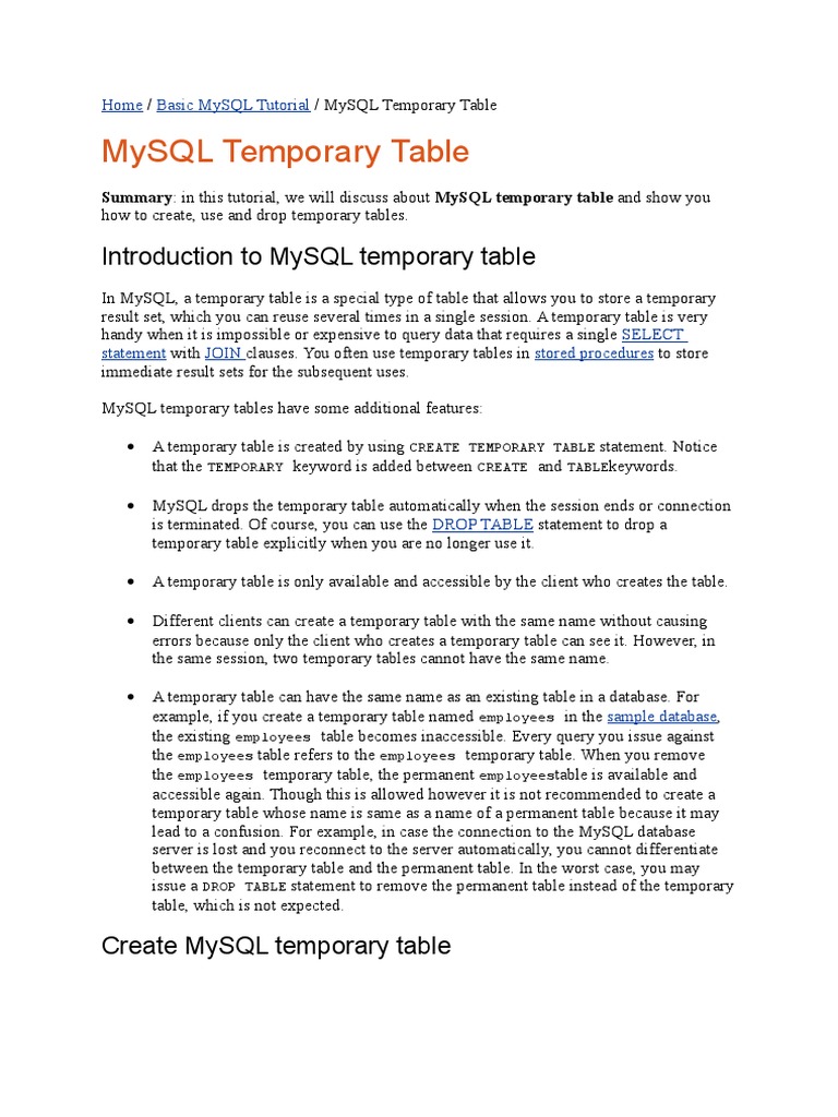 MySQL Temporary Table Tutorial | PDF | Database Index | Table (Database)