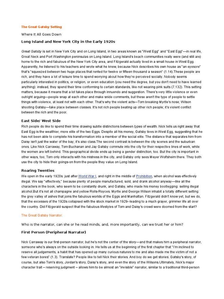 The Great Gatsby Setting | PDF | The Great Gatsby | Narration