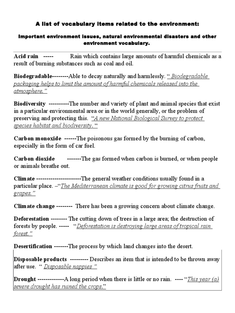A List of Vocabulary Items Related To The Environment 1 | PDF | Natural ...