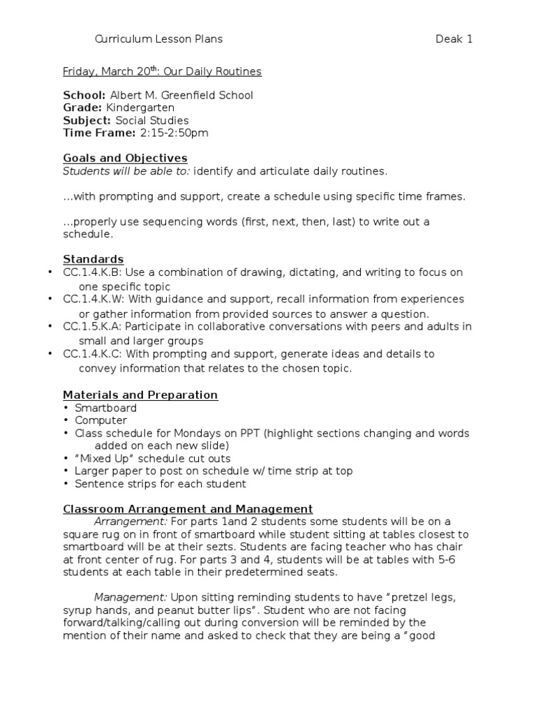 Kindergarten Social Studies Lesson Plan | PDF | Lesson Plan ...