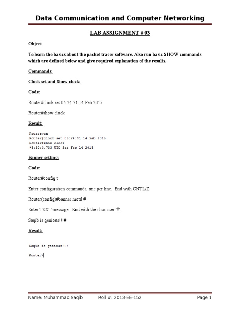 Data Communication and Computer Networking: Lab Assignment # 03 | PDF