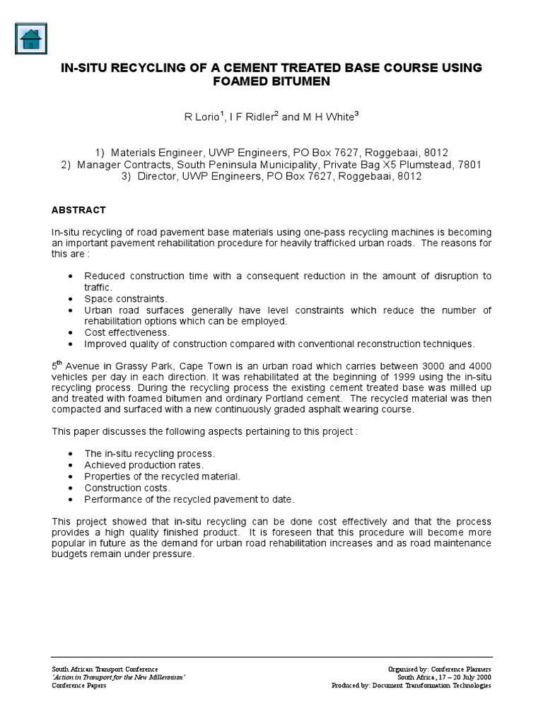 In-Situ Recycling of A Cement Treated Base Course Using | PDF | Road ...