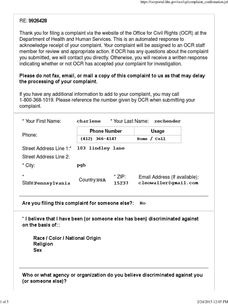 Ocrportal Hhs Gov Ocr CP Complaint Confirmation JSF | PDF | Freedom Of ...