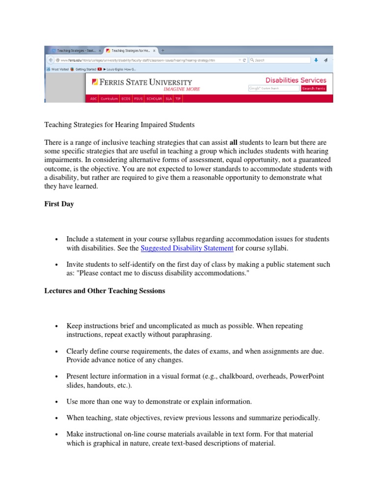 Teaching Strategies For Hearing Impaired Students PDF Hearing Loss