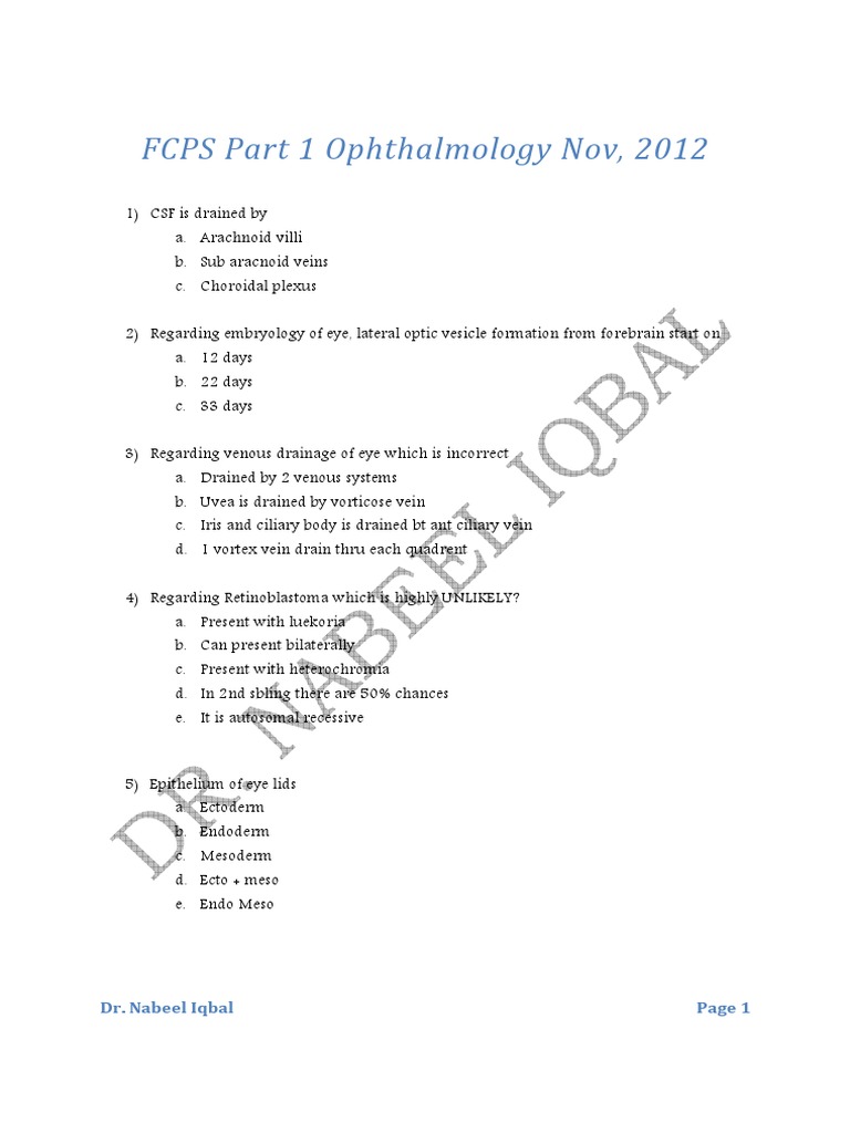 FCPS NOV Paper 2 Oph 2012 | PDF | Human Eye | Animal Anatomy