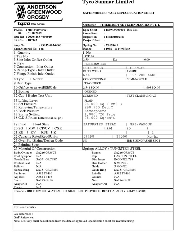 Safety Valve Data Sheet | PDF | Valve | Screw
