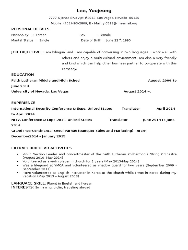 Resume For Convention Lee | PDF